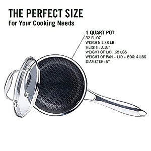 HexClad 1 Quart Hybrid Stainless Steel Pot with Glass Lid, Stay Cool Handle, Non-Stick, Dishwasher, Oven Safe, Works on Induction, Ceramic and Gas Cooktops