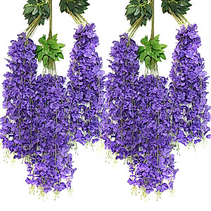 OrgMemory 24 Pack Artificial Wisteria Hanging Flowers Fake Wisteria Garland Silk Vines Ratta Lush Long Flower String for Home Room Wall Outdoor Garden Wedding Party Decorations (Purple)