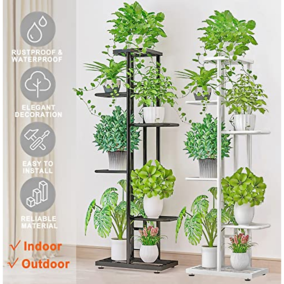 yeavs Plant Stand Shelf 6 Tier Indoor Outdoor, Flower Pot Holder Rack for 7 Pots, Plants Organizer Garden Home Office Living Room Balcony Patio (White)