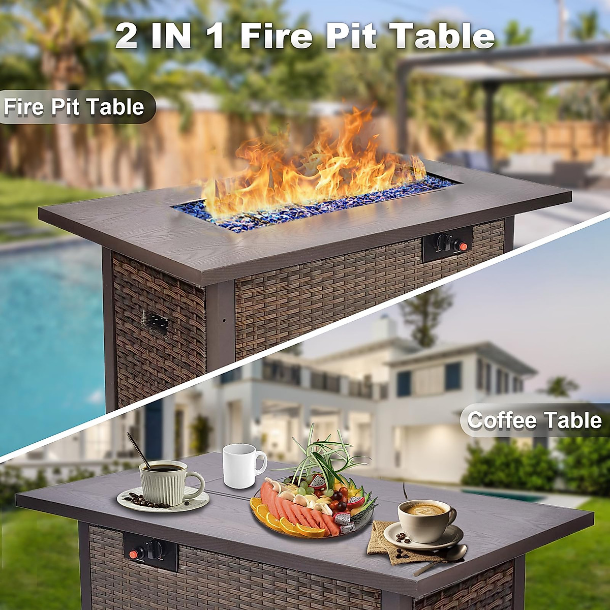 Grezone Patio Furniture Sets 7 Pieces with Fire Pit Table Patio Sectional Outdoor Furniture Patio Sofa Chairs Set PE Rattan Wicker Couch Conversation Set with No-Slip Cushions Waterproof Covers Beige