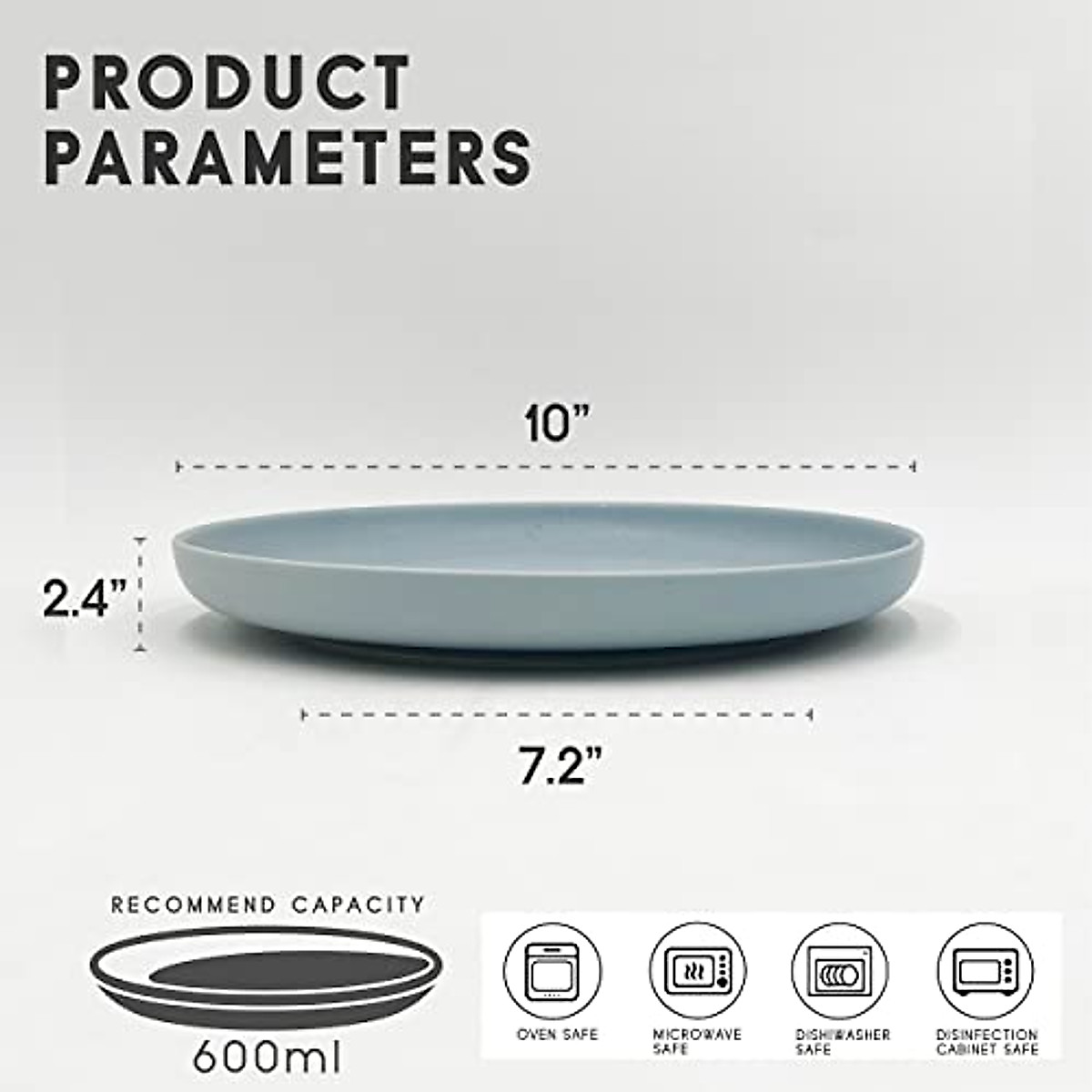 LIVINGTASTE Modern Style 10-inch 30 Oz Ceramic Pasta Bowls, Set of 4 Big Salad Bowls, Multi-Purpose Dinner Plates, Perfect for Casual or Formal Occasions, Dishwasher and Oven Safe - Sky Blue