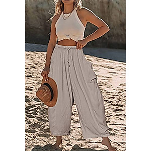 SENSERISE Womens High Waisted Linen Palazzo Pants Wide Leg Lounge Beach Harem Pants Baggy Trousers with Big Pockets(Light Grey,XL)
