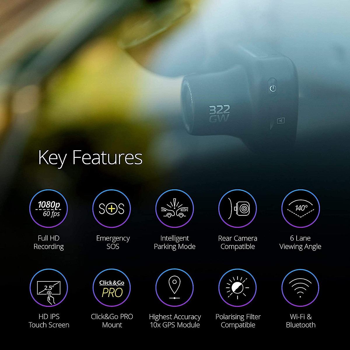 Nextbase 322GW Dash Cam and 32G Micro SD Card Bundle - Full 1080p/60fps HD Recording in Car Camera- 6 Lane Wide Front View- Wi-fi GPS Bluetooth- Parking Mode- Night Vision- Loop Records (Renewed)