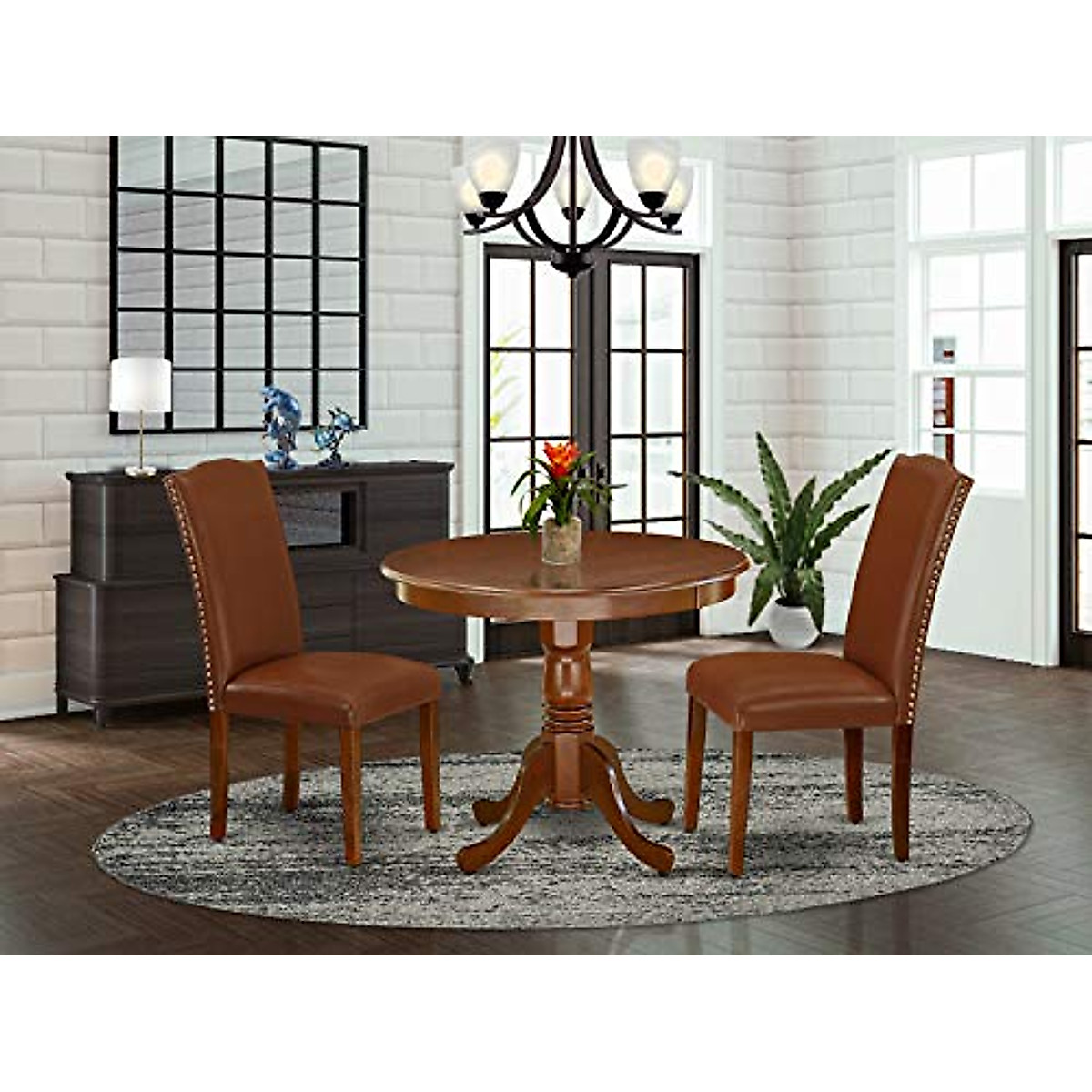 East West Furniture ANEN3-MAH-66 3Pc Rounded 36 Inch Dining Table And 2 Parson Chair With Mahogany Leg And Brown Flaux Leather, 3