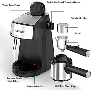 SOWTECH Steam Espresso Machine Espresso Maker Cappuccino Latte Machine with Steam Milk Frother and Mug 3.5 Bar 4 Cup