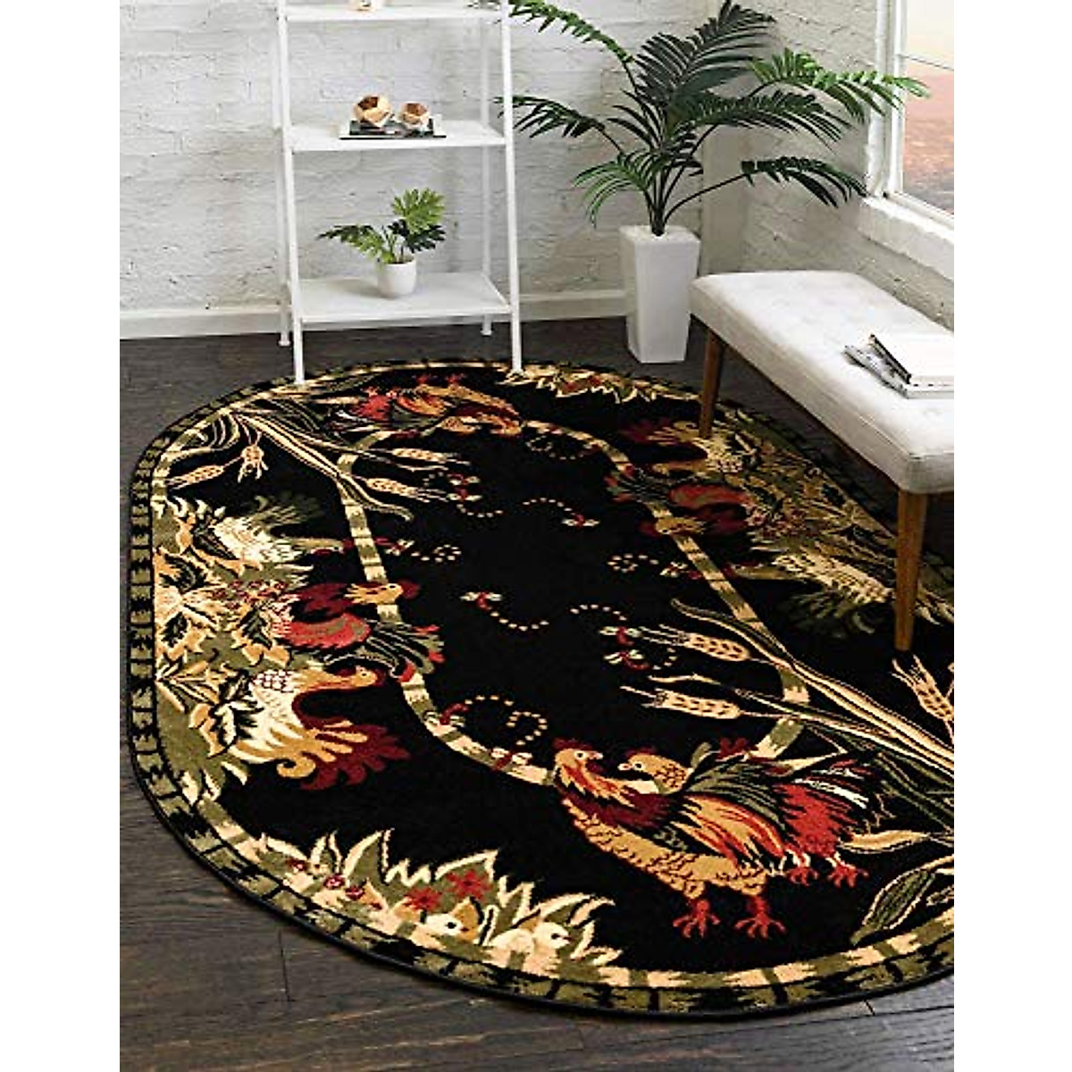 Unique Loom Barnyard Collection French Country Inspired Cottage Rooster Design Area Rug (5' 0 x 8' 0 Oval, Black/Ivory)