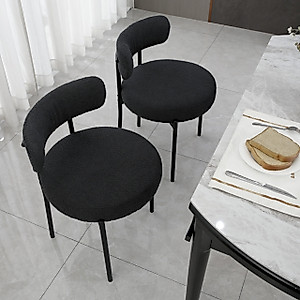 AISALL Black Dining Chairs Set of 2 Round Upholstered Boucle Dining Room Chairs Mid-Century Modern Kitchen Chairs Curved Backrest Chairs for Dining Room Black Metal Legs