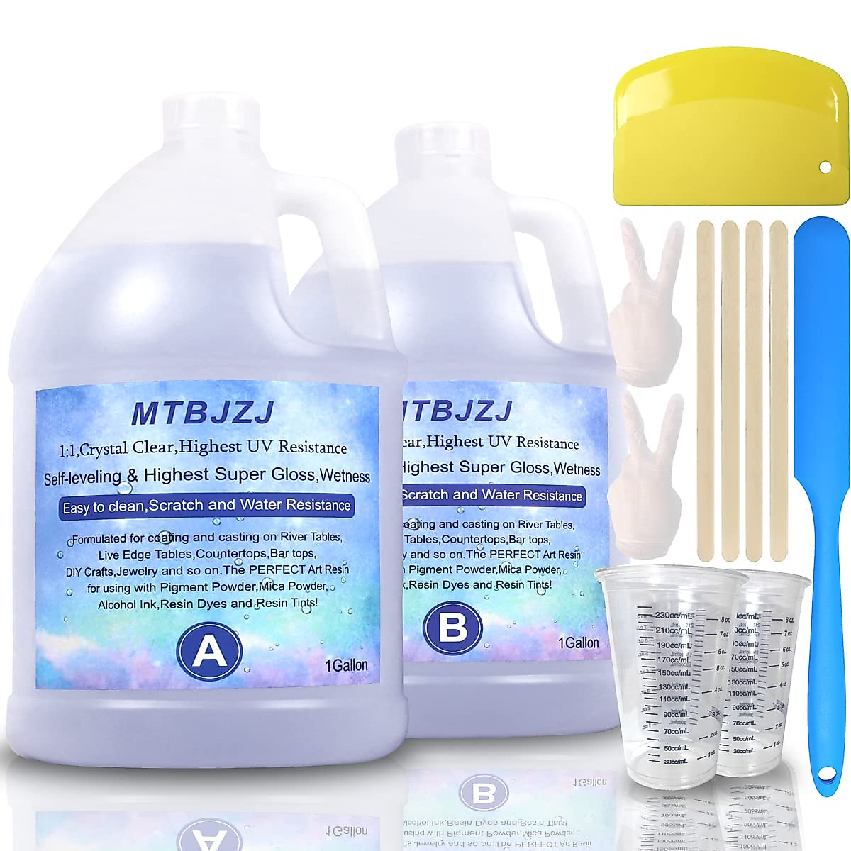 Epoxy Resin 1 Gallon Kit | MTBJZJ Supplies 1:1 Crystal Clear Resin and Hardener for Super Gloss Coating | for Bars, Tabletop Art Jewelry Casting Molds DIY