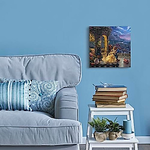 Thomas Kinkade Disney Beauty and the Beast Dancing in the Moonlight Gallery Wrapped Canvas Art | Frameless Wall Art Decor | Certificate of Authenticity Included, 14" x 14"