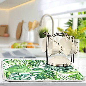 Tropical Palm Leaves Dish Drying Mat for Kitchen Counter Green Monstera Leaf Absorbent Microfiber Drying Pad, Medium 16x18 in, Reversible Drainer Mats