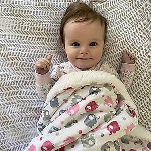 EVERYDAY KIDS Large Ultra Soft Gray and Pink Elephant Minky Baby Blanket for Girls Mink and Sherpa Toddler and Baby Girl Blanket Measures 30 x 40”; Trendy Animal Elephant Baby Nursery Decor