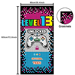 Level 13 Unlocked Happy 13th Birthday Level Up Banner Backdrop Background Photo Booth Props Video Game Game Controller Theme Decorations Decor for Door Porch Boys Girls 13th Birthday Party Supplies