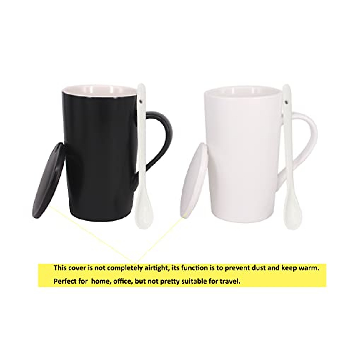 BPFY 16oz Set of 2 Ceramic Coffee Mug with Lid and Spoon, Milk Cup Classic Mug Drinking Cups for Tea, Coffee, Cocoa, Black and White Marriage or Couples (16oz)