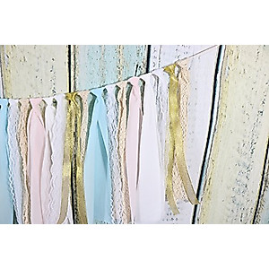 Fabric Tassel Garland Rag Tie Garland Shabby Chic Blush Banner for Wedding Decor Baby Shower Party Decor Home Decor Wall Hanging Boho Decor Birthday Banner (Pink+Gold+Blue)