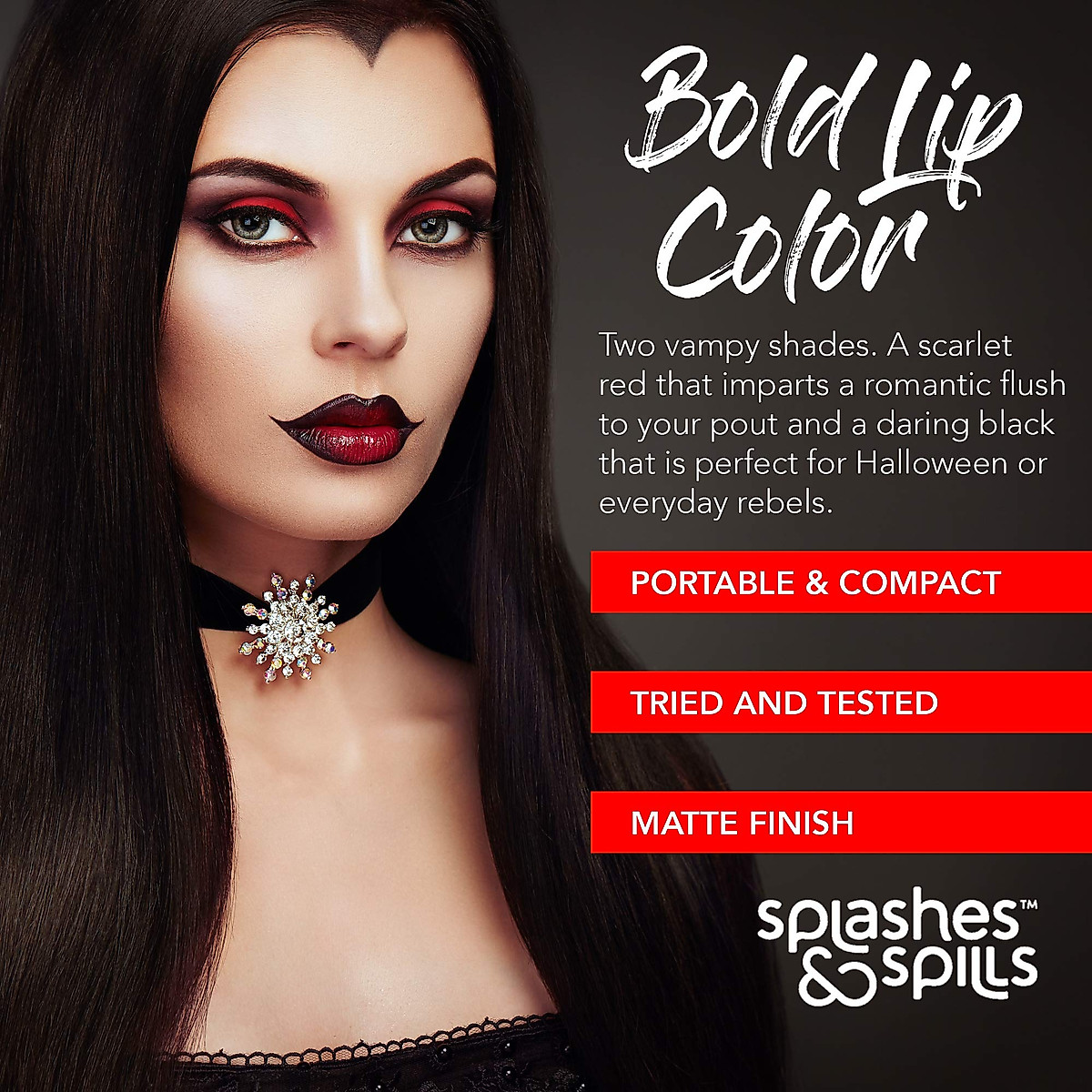 Vivid Black and Red Lipstick - 2 Pack Combo - Bold, Translucent, No Sheen Lip Color With Matte Finish - Makeup and Cosmetics by Splashes & Spills