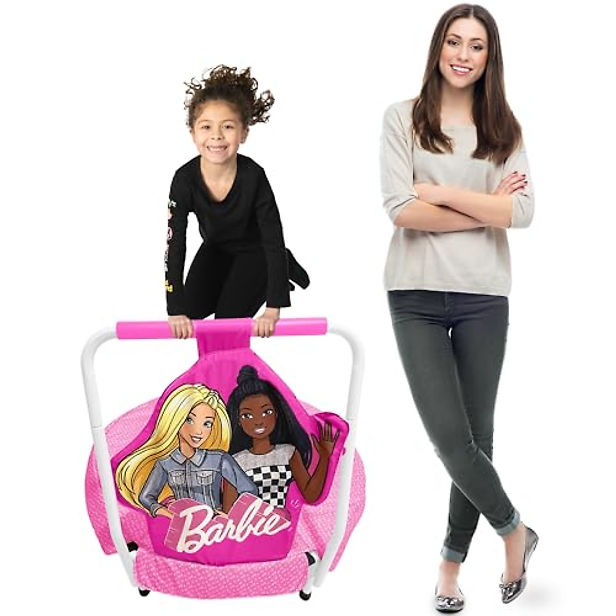 Barbie Hearts Mini Trampoline, Indoor Kids Trampoline for Toddlers with Handle, Featuring Barbie and Friends