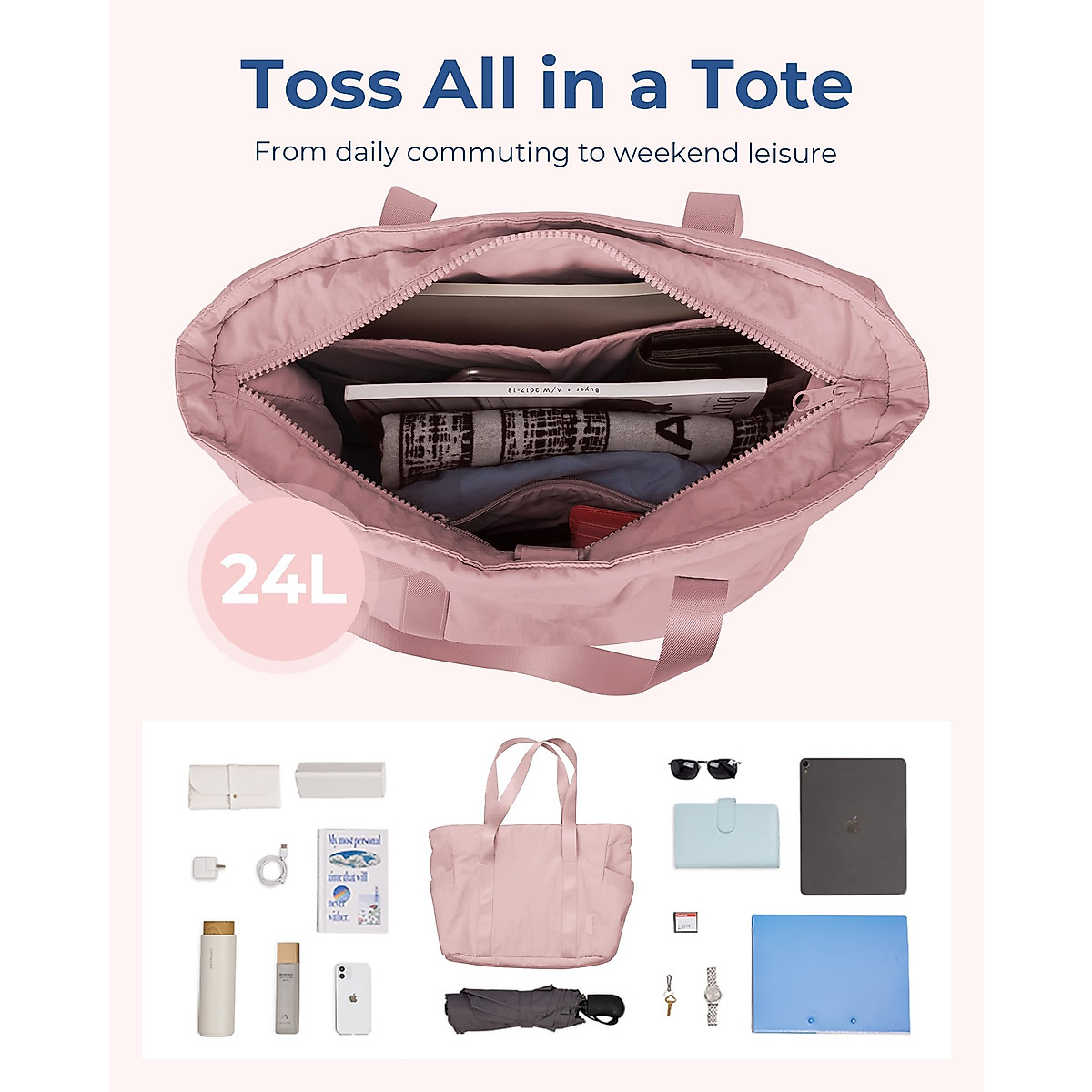 BAGSMART Tote Bag for Women with Zipper, Gym Bag with Compartments, Work Nurse Dance Yoga Handbag for Sport, Travel