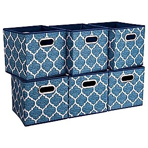 6 Cube Storage Bins Blue Navy 13x13x13 Inch Foldable Grid Lantern Print Fabric Storage Basketes for Home Organizers Storage Drawer,QY-SC02-6