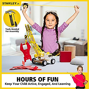 Stanley Jr. STANLEY Jr DIY Yellow Lifting Crane Kit for Kids - Easy Assembly Crane Building Kit - Wood Crane Toy Craft - Wood, Paint & Decals Included