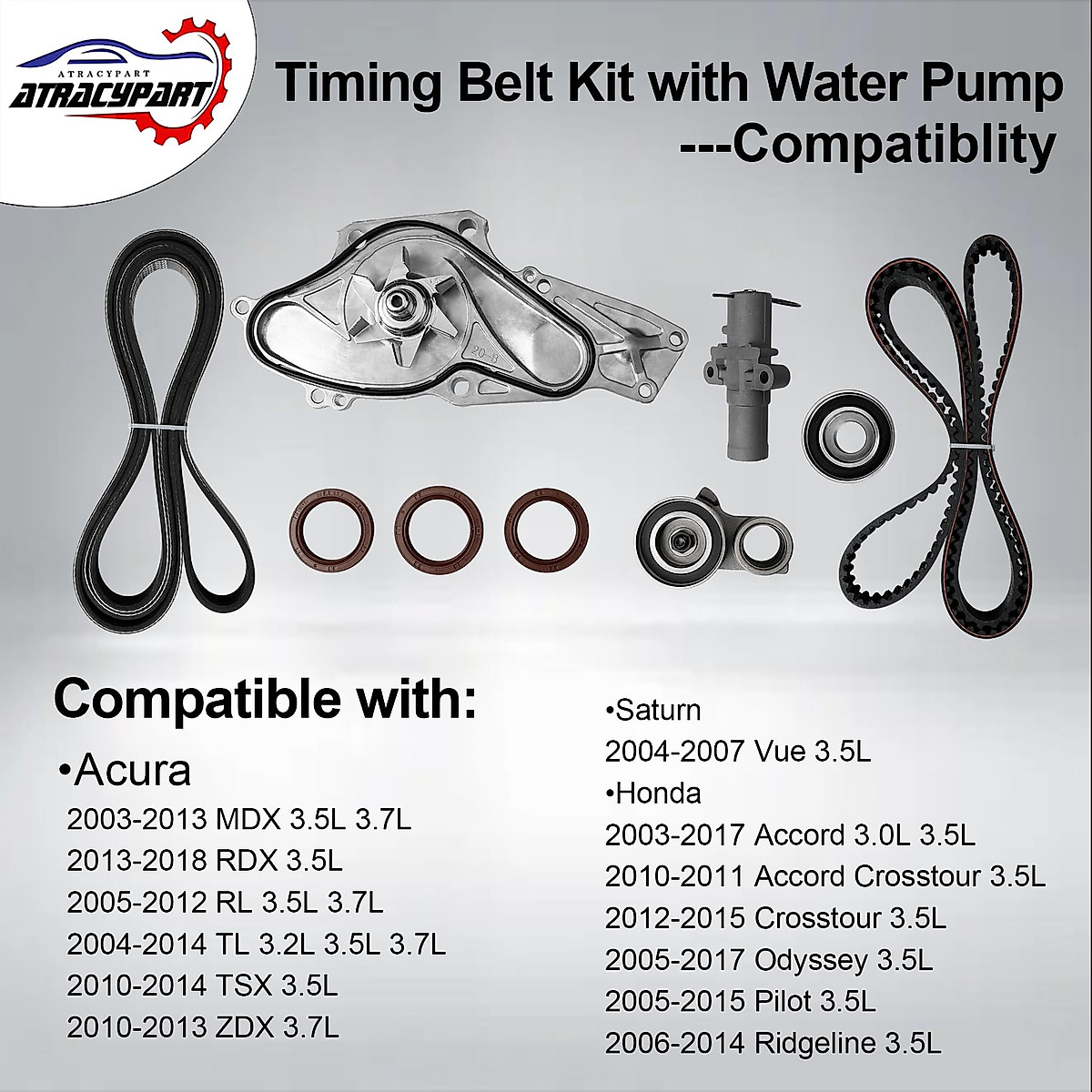 Timing Belt Kit with Water Pump | Compatible with 2003-2018 Honda Accord Odyssey Pilot, Acura MDX RDX RL TL TSX & Saturn Vue 3.0L 3.5L 3.7L Vehicles | Replaces# 19200-RDV-J01, TKH002, TCKWP329