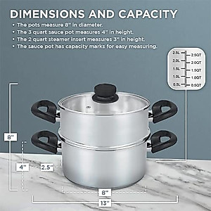 Nevlers 3 Piece Premium Heavy Duty Stainless Steel Steamer Pot Set Includes 3 Quart Cooking Pot, 2 Quart Steamer Insert and Vented Glass Lid | Stack and Steam Pot Set for All Cooking Surfaces