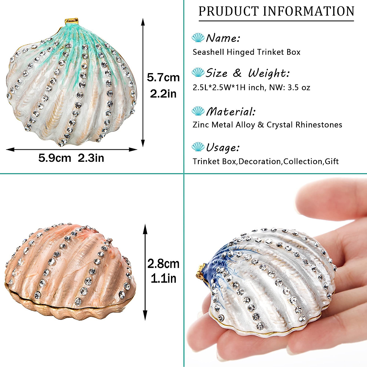 YU FENG Jeweled Seashell Figurine Trinket Boxes Hinged Collectible Painted Enameled Small Ocean Animal Jewelry Box(Ocean Blue)