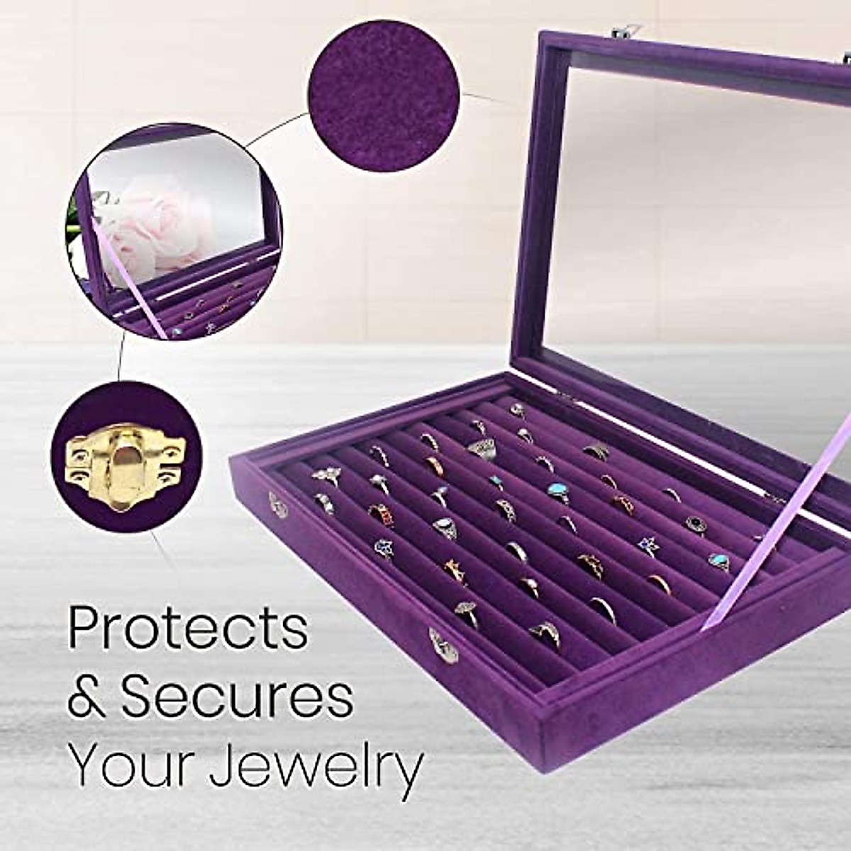 Ring Organizer Display Case ~ 11 Rows Multiple Ring Holder ~ Jewelry Tray Organizer With Studs ~ Ring & Earring Holder Storage Box For Shows With Transparent Lid (Purple)