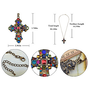 Alilang Ornate Antique Golden Tone Colorful Rhinestone Cross Pendant Necklace, Multicolored