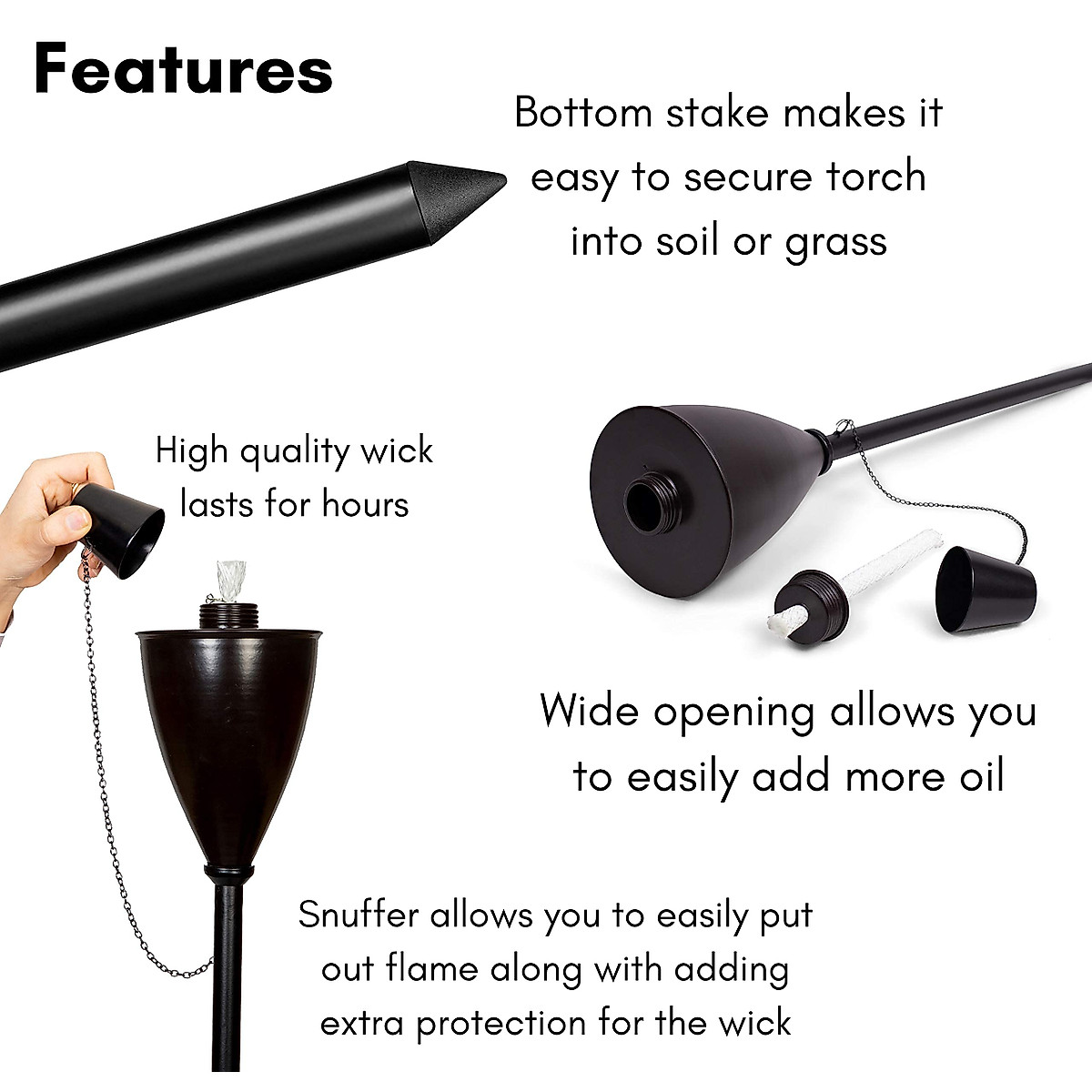 BIRDROCK HOME 4 Pack Outdoor Wide Conical Torches - Oil Rubbed Bronze - Flame Light Torch - Backyard Garden Patio Lighting - Metal Lamp - Decorative Urban Lantern