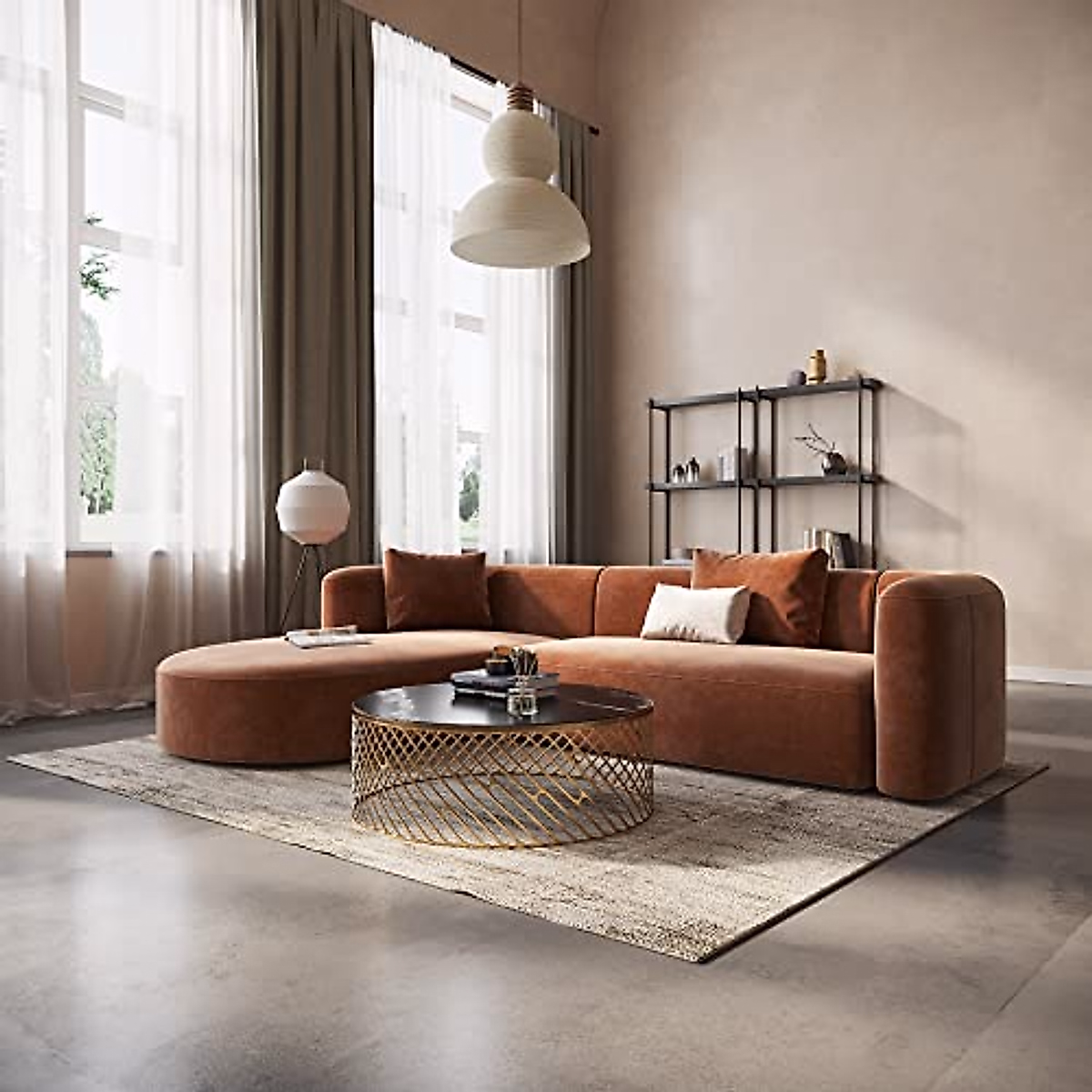 Acanva Luxury Modern Tight Curved Back Velvet Sofa, Minimalist Style Comfy Couch for Living Room Apartment Reception Space, Tangerine L-Shape Left Chaise