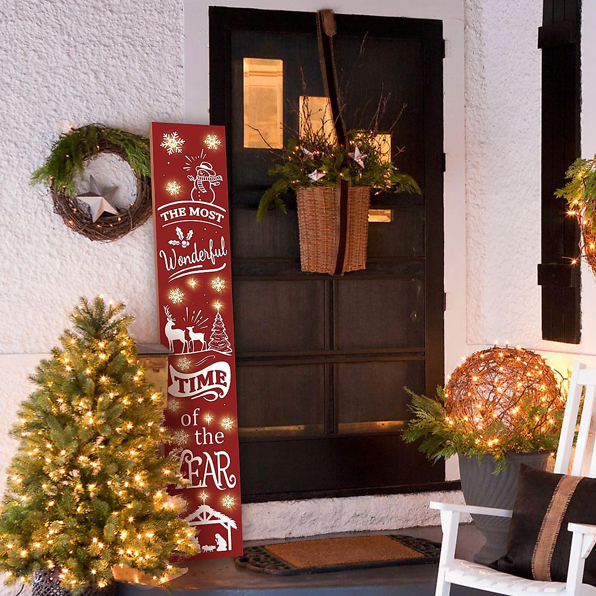 Lighted Wooden Welcome Sign, Merry Christmas Snowflake Elk Porch Sign for Front Door Decorations, Rustic Farmhouse Red Xmas Hanging Signs Wall Sign for Christmas Happy New Year Decor 47.2"H