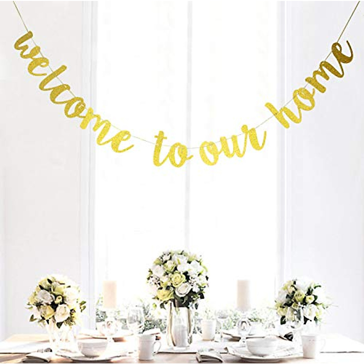 Starsgarden Glitter Gold Welcome to Our Home Banner for Housewarming Patriotic Military Decoration Family Party Supplies Cursive Bunting Photo Booth Props Sign(Gold Welcome Home)