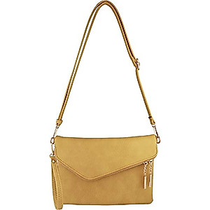 B BRENTANO Fold-Over Envelope Wristlet Clutch Crossbody Bag (Mustard Yellow)