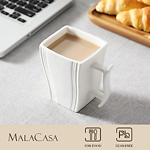 MALACASA Coffee Mugs, Porcelain Mug Set of 6, Square 11 oz White Coffee Cups with Handles for Man Woman, Modern Ceramic Mugs Set for Coffee, Latte, Cappuccino, Tea, Milk, Mocha, Cereal, Series FLORA