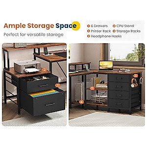 UPOSOJA L Shaped Gaming Desk with Power Outlet, 78" Reversible Corner Computer Desk with File Drawers & LED Strip, Home Office Desk with Storage Shelves Monitor Shelf CPU Stand Mouse Pad Brown