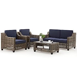 MELLCOM 4-Piece Outdoor Sectional Sofa Couch, Patio Furniture Set with Cushions and HDPE Table Top, Handwoven PE Wicker Rattan Patio Conversation Set for Patio, Garden, Yard, Pool, Brown and Blue