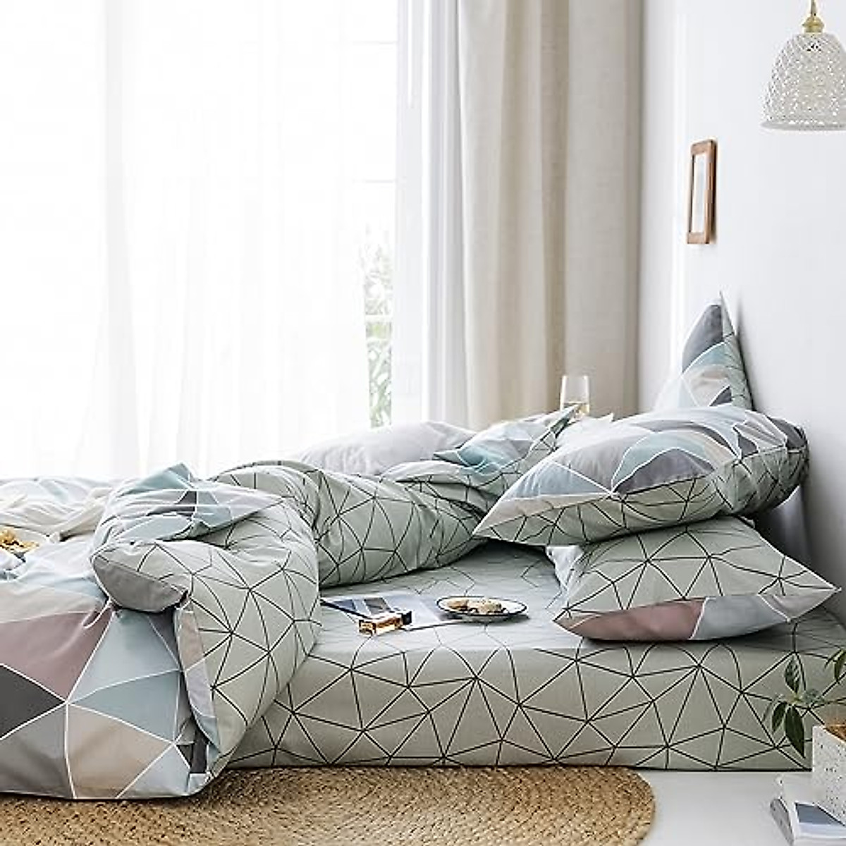 VM VOUGEMARKET Geometric Duvet Cover Queen,100% Cotton Colorful Duvet Cover Matching 2 Pillow Shams,3 Pieces Reversible Diamond Bedding Set Without Comforter-Full/Queen,Diamond