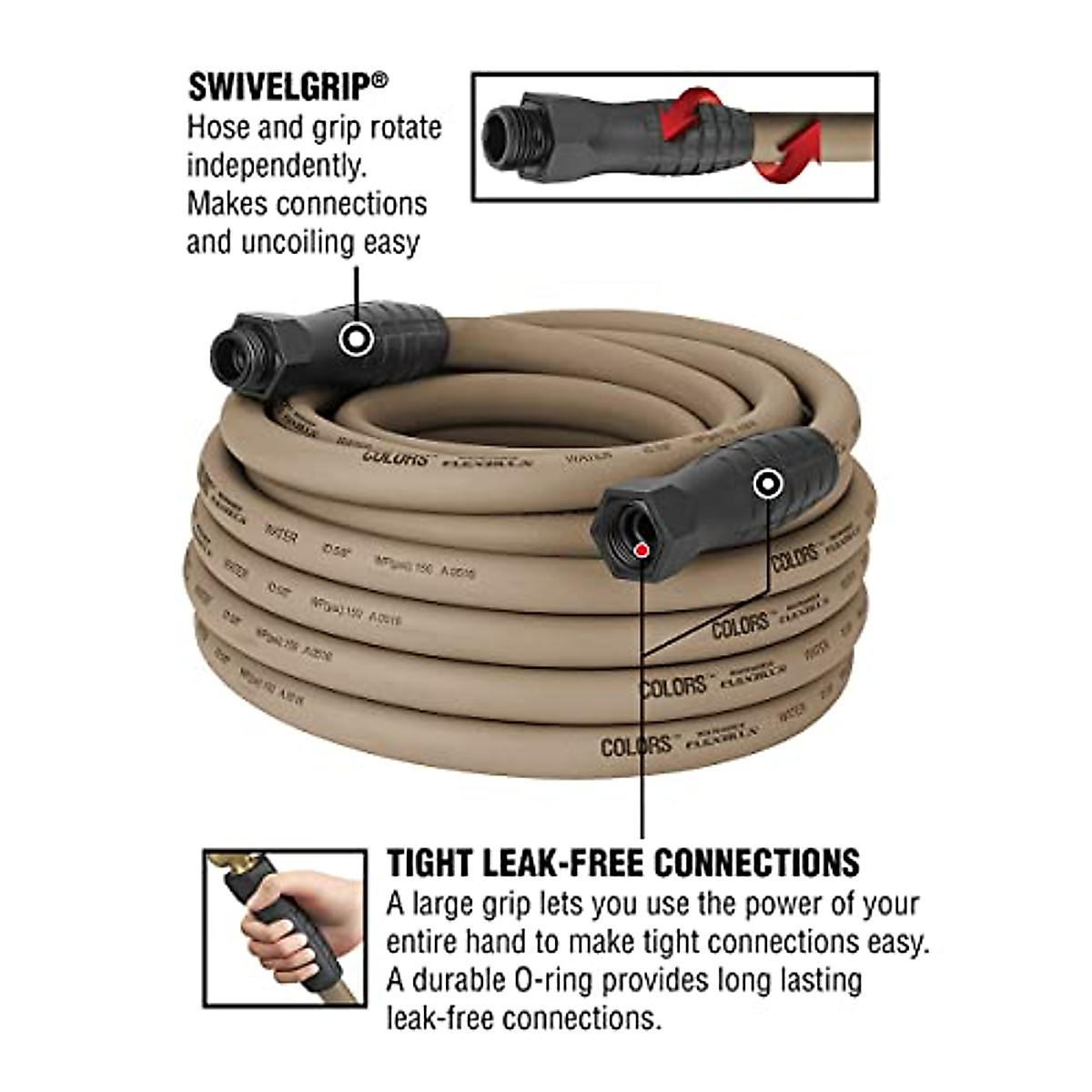 Colors Garden Hose with SwivelGrip, 5/8 in. x 50 ft., Drinking Water Safe, Brown Mulch - HFZC550BRS