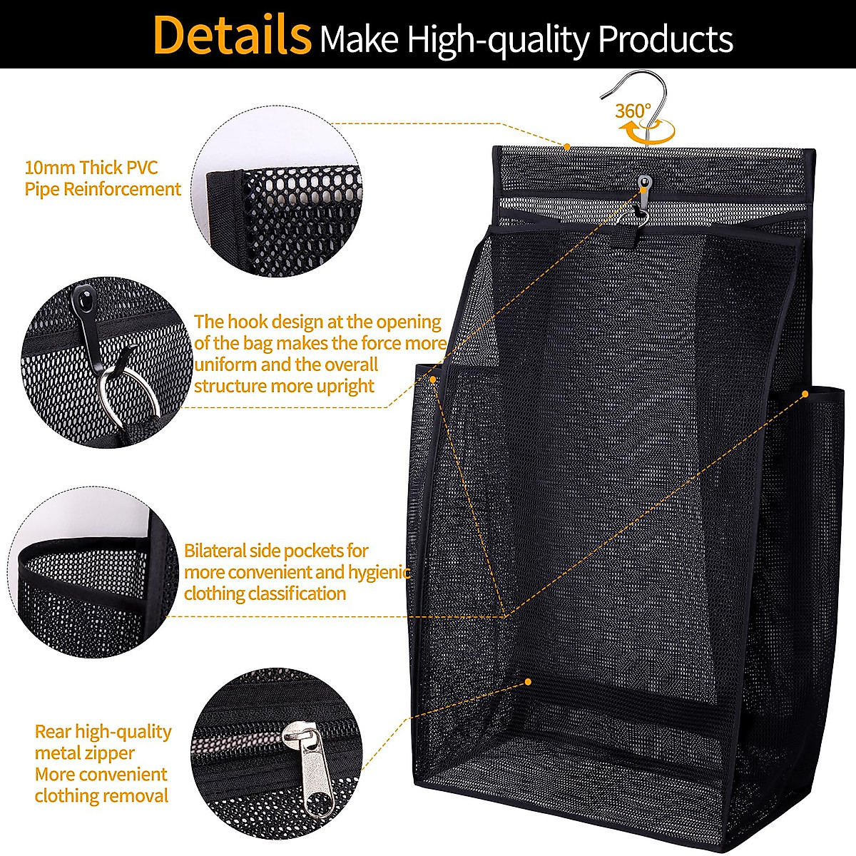 Hanging Collapsible Breathable Mesh Laundry Hamper,Fast Drying Portable Space Saving Storage Bag,Rv Laundry Hamper,Applied to College Dorm Rooms, Gym, Swimming and RV Travel (Black)