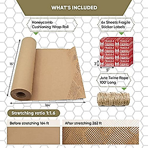 ecoducer 15”x164’ Honeycomb Packing Paper Moving Supplies with 48 Fragile Stickers &100 ft Jute Twine. Eco Friendly Bubble Cushioning Wrap Packing Material. Biodegradable Shipping Supplies.