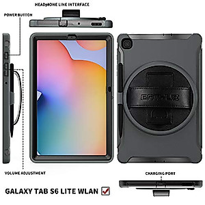 BATYUE Case for Samsung Galaxy Tab S6 Lite 10.4 Inch 2024/2022/2020 (SM-P610/P613/P615/P619/P620/P625/P627) ; Protective Rugged Cover with Rotating Stand, Pencil Holder, Hand Strap for Kids (Grey)