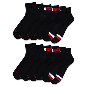 Tommy Hilfiger Men's Quarter Socks - 12 Pack Performance Cushion Comfort Socks - Breathable Athletic Socks for Men (7-12), Size 7-12, Premium Black