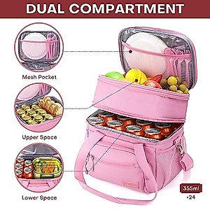 RONROX Large Lunch Box for Women and Men, Double Deck Insulated Lunch Bag with 900D Oxford, Expandable Leakproof Reusable Lunch Cooler Bag for Work, Office, Picnic, 17L, Pink