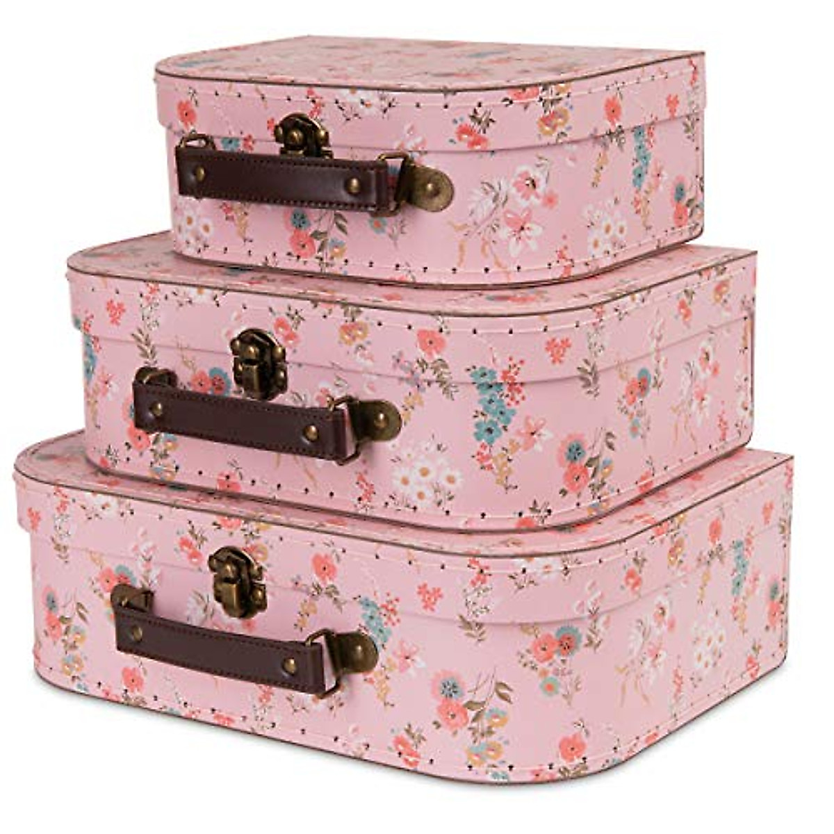 Jewelkeeper Paperboard Suitcases, Set of 3 - Vintage Decorative Storage Box, Luggage Decor Storage, Vintage Decor for Birthdays and Weddings, Pink Floral Design