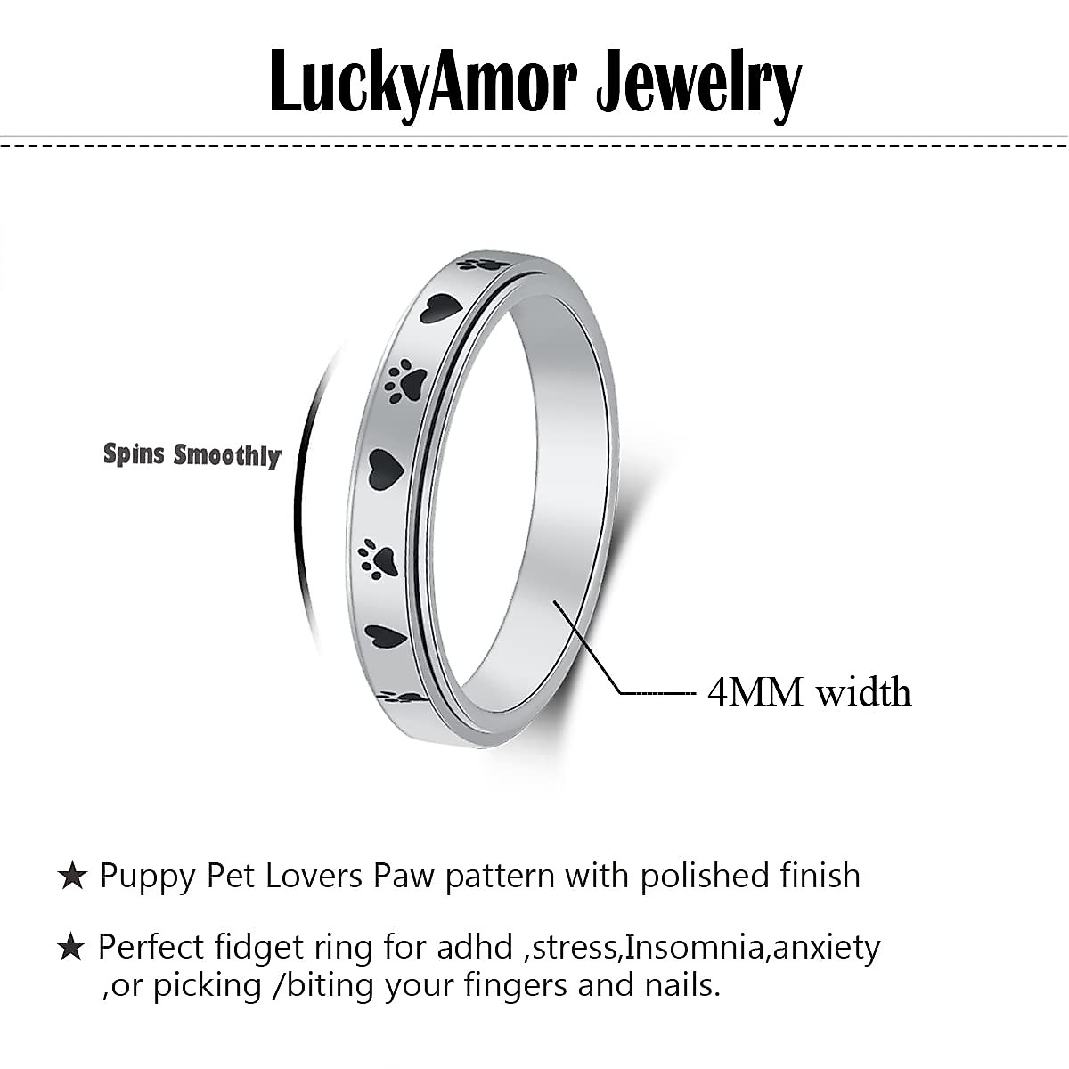 LuckyAmor Spinner Ring for Women Anxiety Relief,4mm width Puppy Pet Lovers Paw Print Ring Heart Ring Stainless Steel Fidget Rings for Anxiety for Women Stress Relief,Size 6-10 (8, Silver)