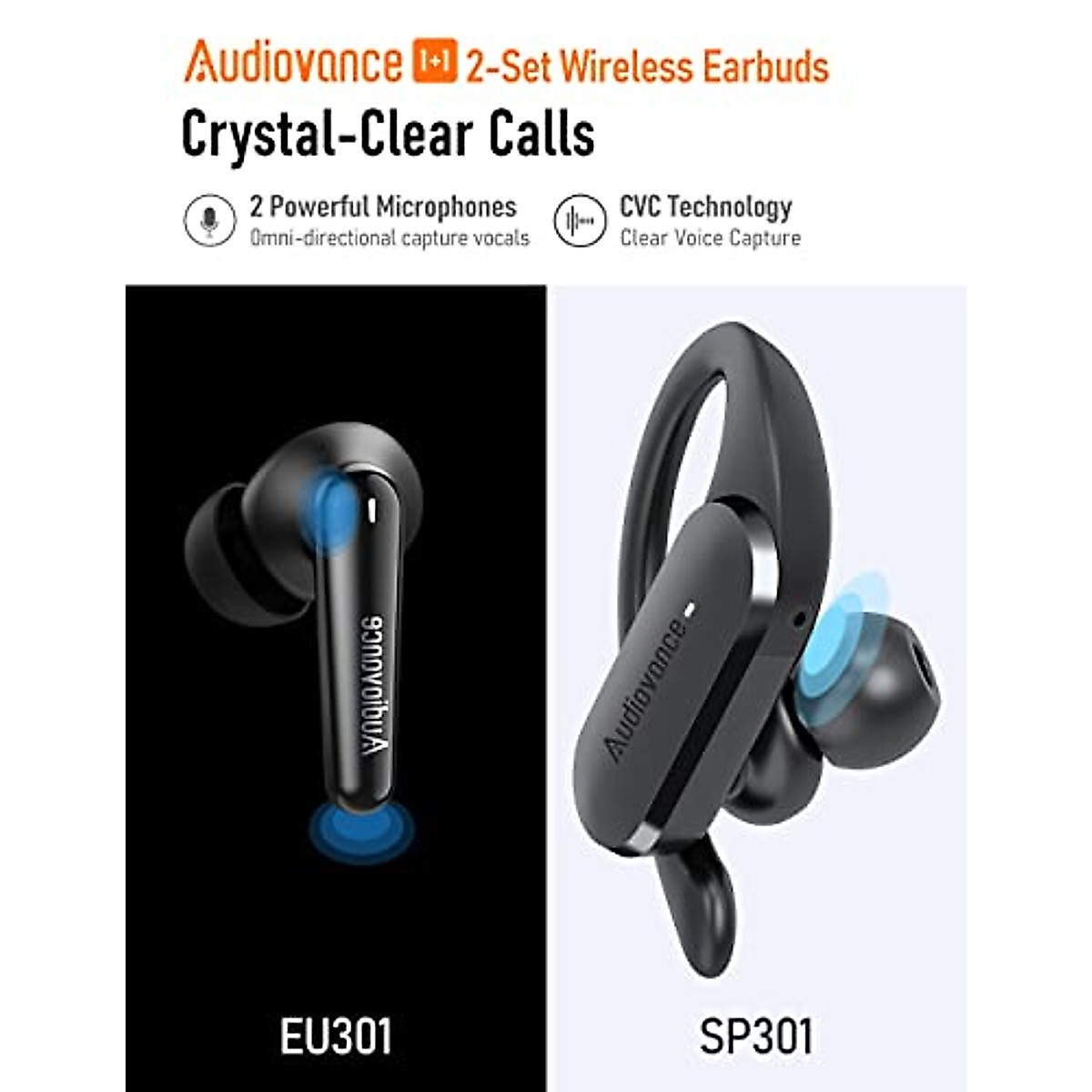 Audiovance 2 Sets Earbuds SPEU 301, True Wireless Headphones Bluetooth 5.2 Earphones, Euphony 301 for Immersive Music, Speed 301 for Workout, Premium Sound, Clear Calls, Waterproof.