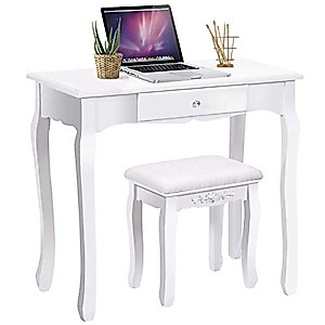 SPSUPE Click Image to Open expanded View Vanity Set with Oval 360° Rotating Mirror, Makeup with3 Storage Drawers, Painted Finish,Removable Top, Wooden Dressing Table, White