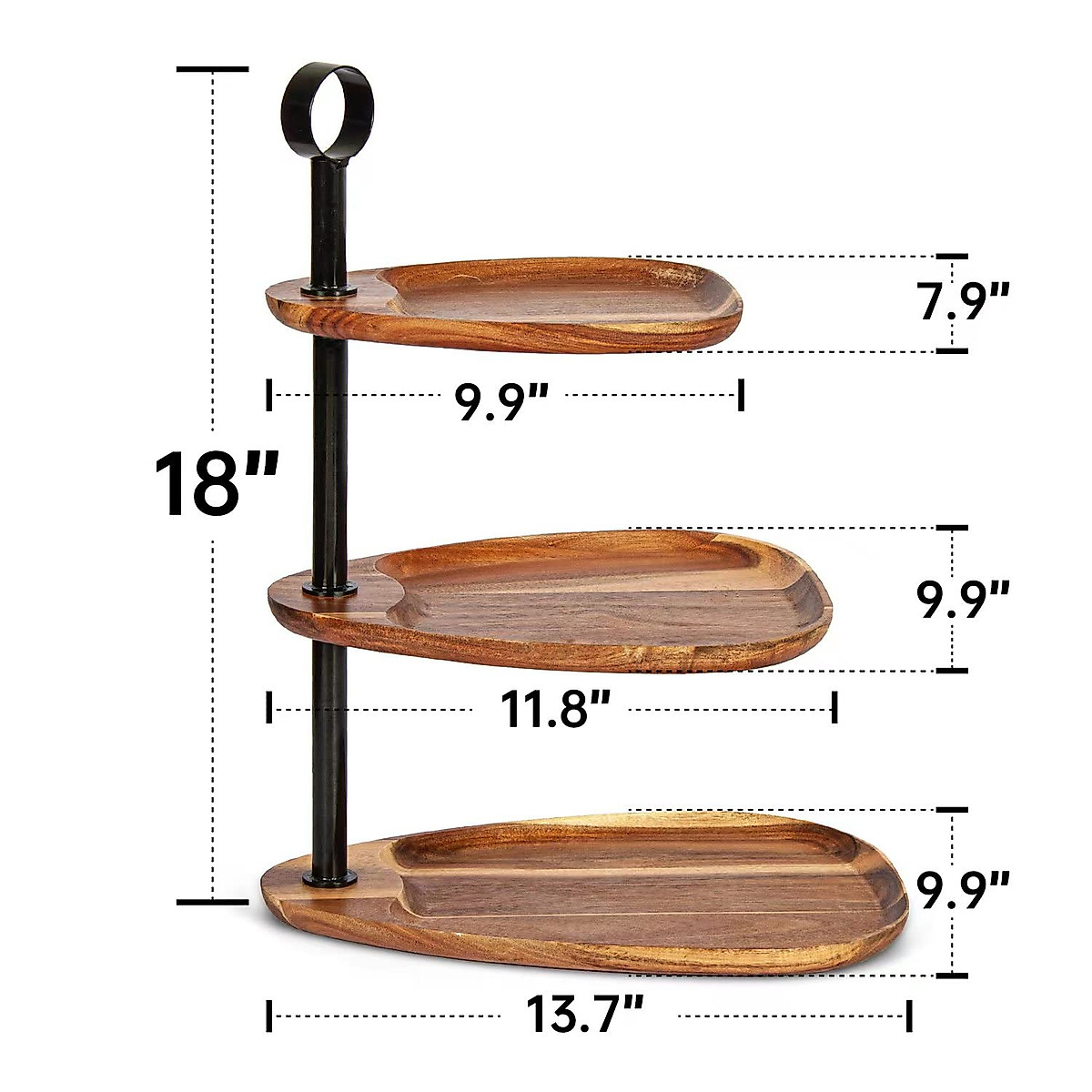KITEISCAT 3 Tier Serving Tray- Elegant 3 Tiered Serving Tray with Metal Handle for Kitchen Island, Countertop, Coffee Table & More- Durable Decorative Standing Wooden Serving Trays for Parties