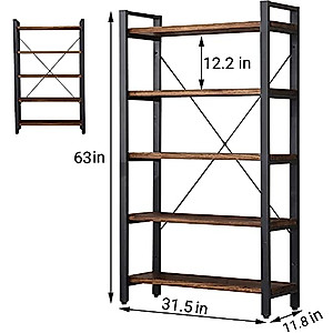 WH-AOERPUMY 5 Tier Bookcase, Solid Wood Bookshelf Rustic Vintage Industrial Etagere Bookcase, Metal and Wood Free Vintage Bookshelf, Retro Brown (Real Wood) (5-Tier)