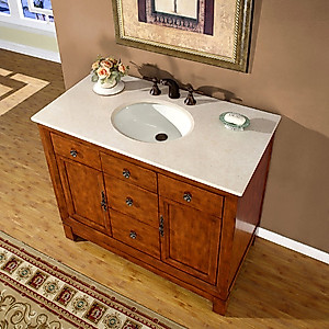 Silkroad Exclusive HYP-0911-CM-UWC-42 Countertop Cream Marble Stone Single Sink Bathroom Vanity with Bath Cabinet, 42", Medium Wood
